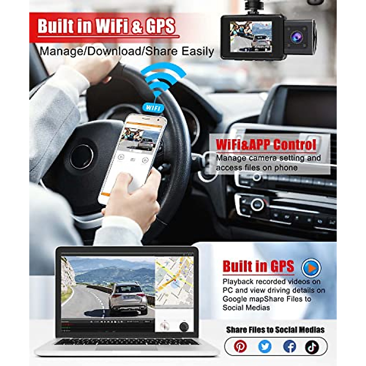 LAMONKE 4K Dash Cam with GPS, Front and Inside Dual 4K/1080P Dash Camera for Cars, Dashcam with WiFi, IR Night Vision Car Camera, 24/7 Recording Parking Mode, G-Sensor, WDR, 256GB Supported