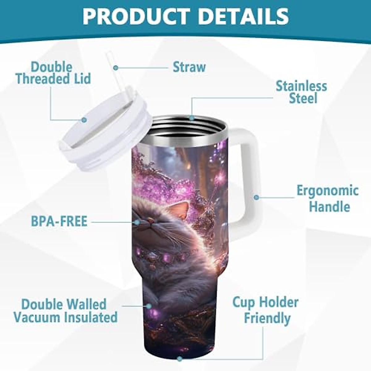 Slewiaeky Tumbler with Handle 40 oz Kitty Skinny Cat Travel Mug with Lid and Straw Purple Stainless Steel Vacuum Insulated Water Bottle Cup for Iced Tea Coffee Cold Beverages Cup Holder Friendly