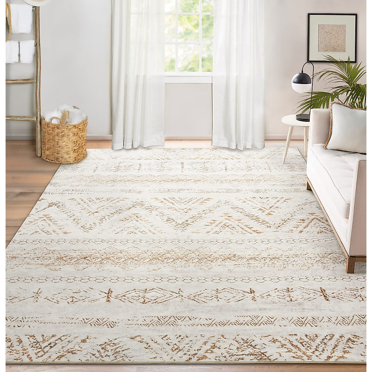 Area Rug Living Room Carpet: 8x10 Large Moroccan Soft Fluffy Geometric Washable Bedroom Rugs Dining Room Home Office Nursery Low Pile Decor Under Kitchen Table Light Brown/Ivory
