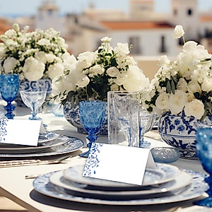 JarThenaAMCS 100Pcs Blue Floral Place Cards 3.5 x 2 Inch Chinoiserie Flower Tented Cards Seating Cards for Party Table Setting Supplies