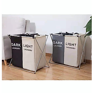 125L Laundry Basket Clothes Hamper Organizer Sorter Storage Foldable 2 Sections Hampers with Aluminum Frame (24x 15x 23 inches) Washing Dirty Cloth Bag for Bathroom Bedroom Garage (white gray)