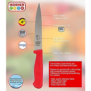 The Kosher Cook Meat Red Kitchen Knife – 6” Steak and Vegetable Knife - Razor Sharp Pointed Tip, Straight Edge - Color Coded Kitchen Tools