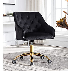 Danxee Desk Chair Modern Swivel Accent Velvet Office Chair, Adjustable Armchair with Gold Base, Modern Leisure Arm Chair for Living Room/Bed Room (Black)