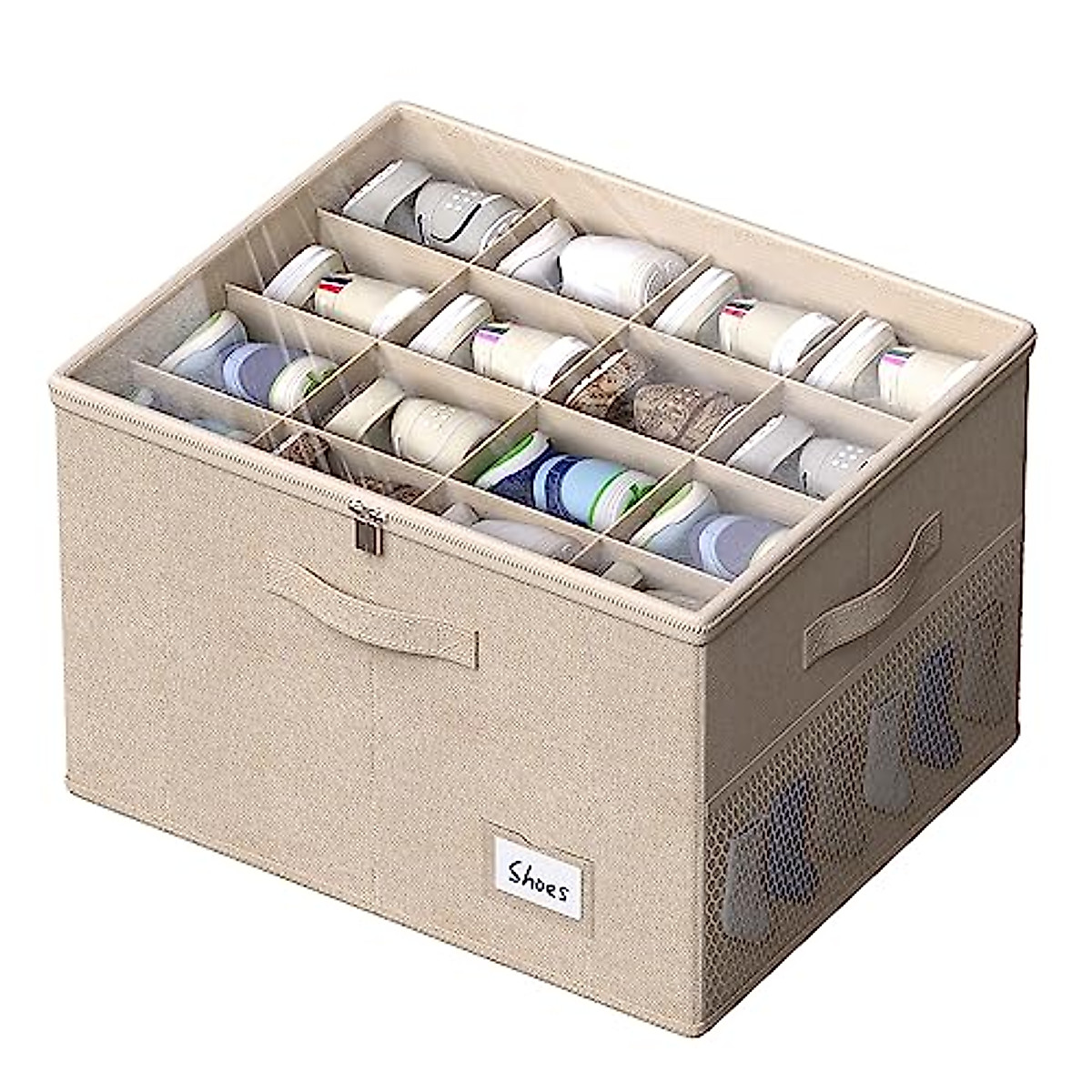 FHSQX Shoe Organizer for Closet,Fits 12 Pair,Shoe Storage Bins with Clear Cover & Adjustable Dividers for Shoes,Shoe Box Storage for Handbags,Blankets,Linen,Clothing (Beige, (19.7 * 15.7 * 12.9) x1)