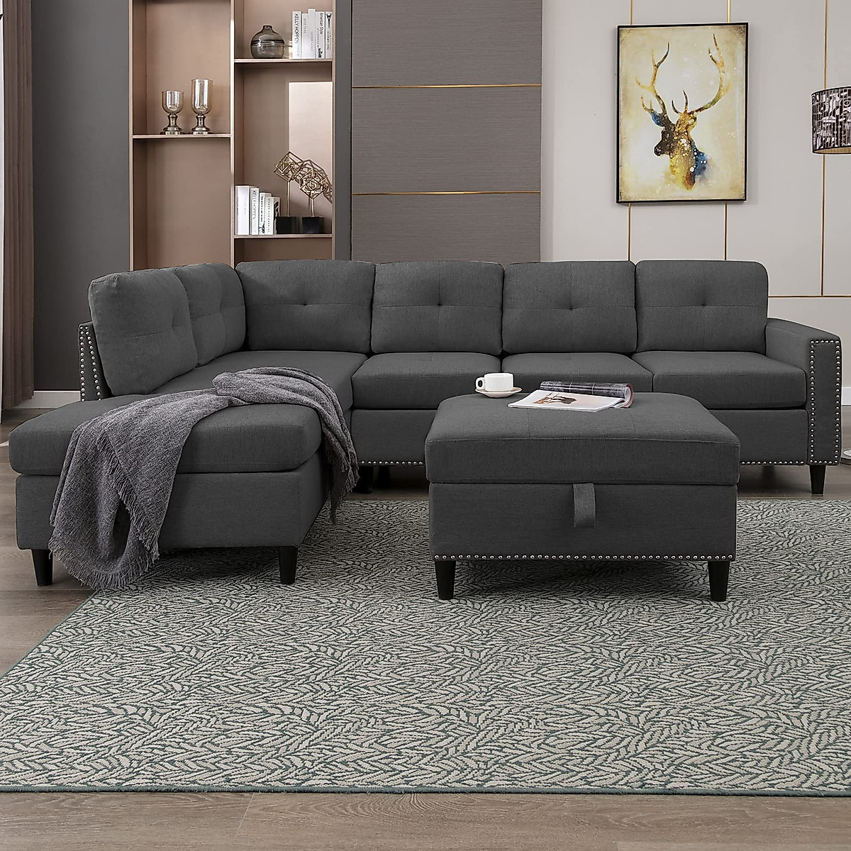 PUREMIND Modular Sectional Sofa, Convertible L Shaped Sectional Couches with Reversible Storage Ottoman for Living Room, Linen 5 Seats U Shaped Sofa Sleeper with Cup Holder (Dark Grey)
