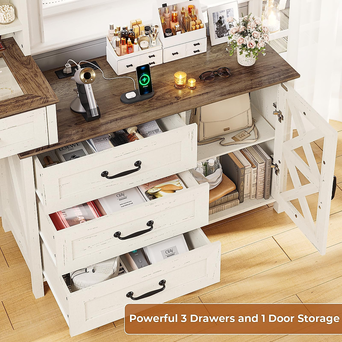 HAUOMS Farmhouse Vanity Desk with Openable Mirror and Lights, White Vanity Table with Drawer Dresser, Glass Top and Charging Station, Large Makeup Desk with 5 Drawers, 9 Shelves, Antique White