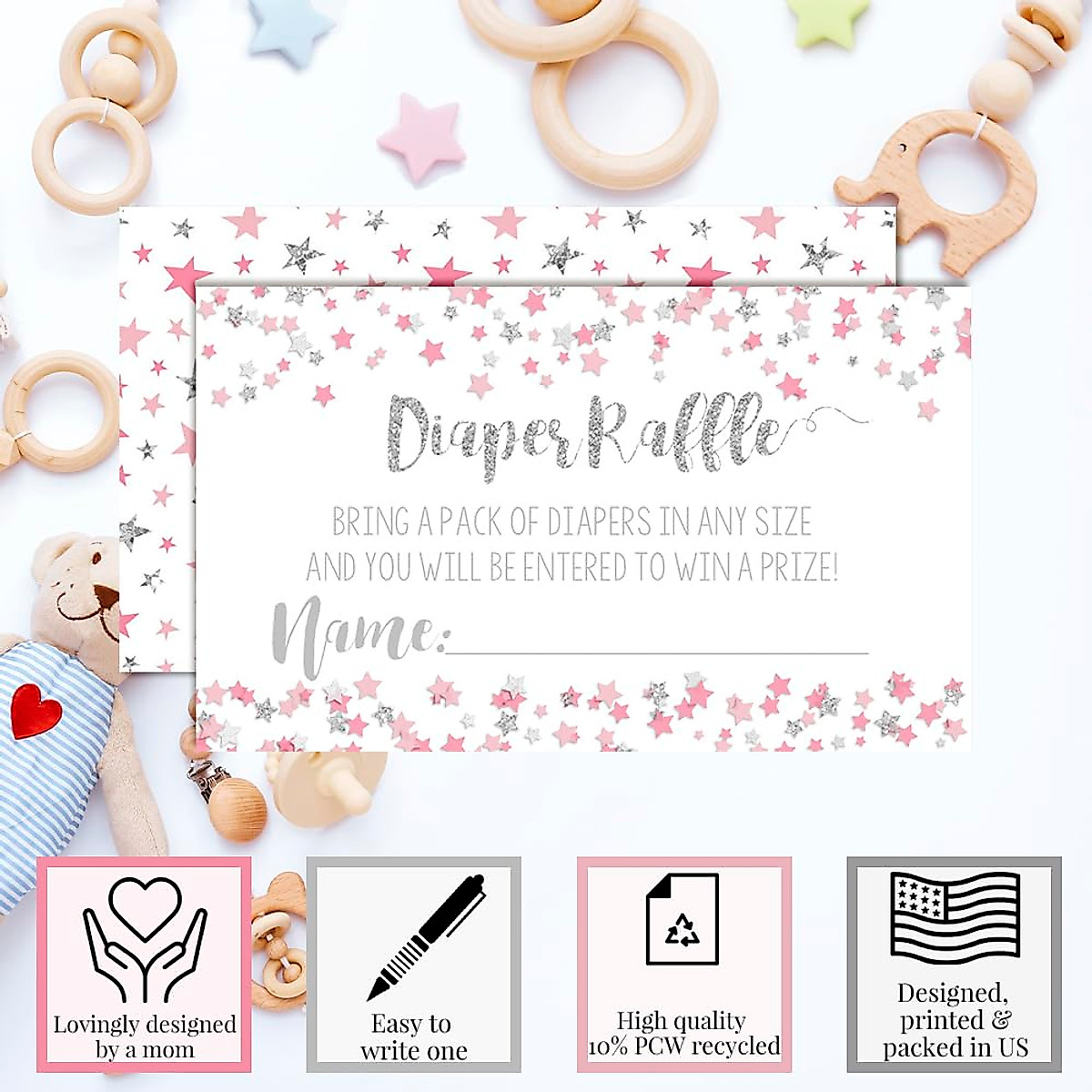 Amanda Creation Pink & Silver Twinkle Little Star Themed Diaper Raffle Tickets for Girl Baby Showers, 20 2" X 3” Double Sided Inserts, Bring a Pack of Diapers to Win Favors & Prizes!