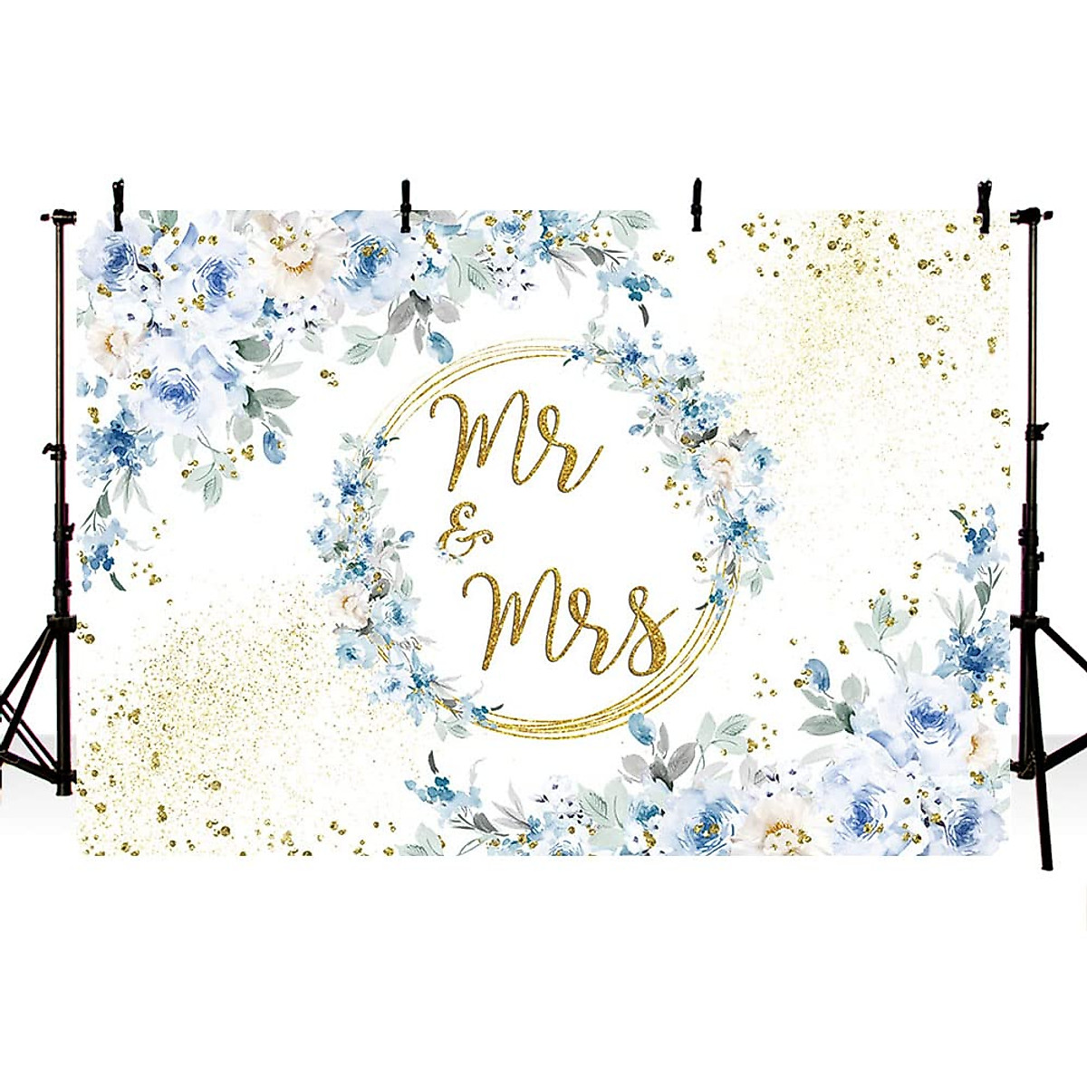MEHOFOND 7x5ft Blue Floral Backdrop for Mr and Mrs Engagement Party Decorations Couples Wedding Golden Dots Glitter Photography Background Anniversary Ceremony Bridal Shower Banner Photo Booth Props