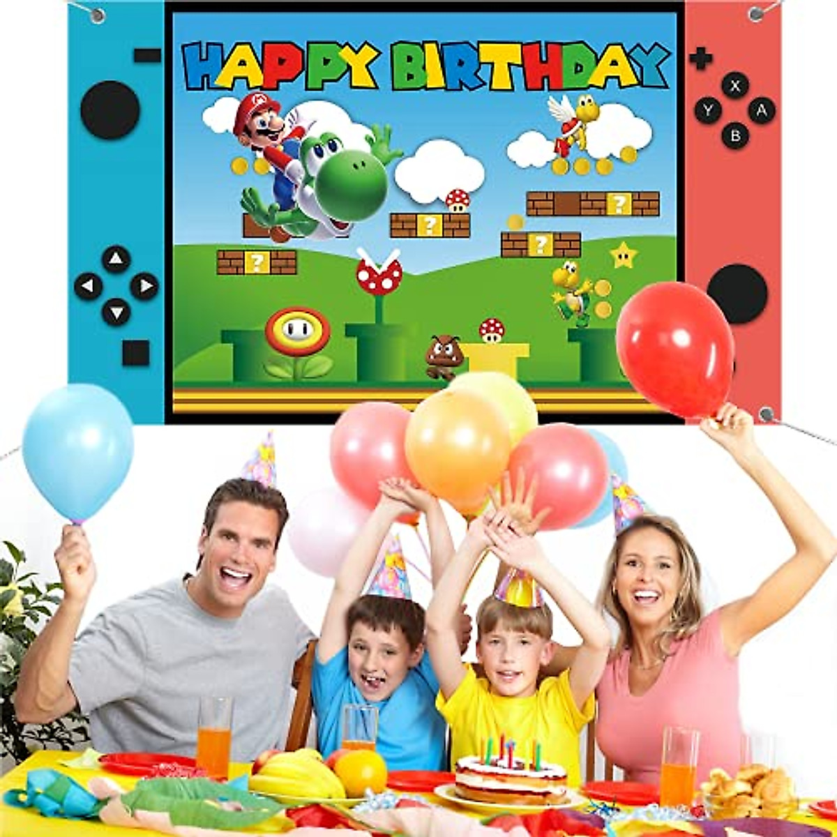 通用 Super Bros Mario Happy Birthday Backdrop Banner,Video Game Birthday Party Supplies Decorations,Super Theme Mario Bros Photography Poster Backdrop (C002)
