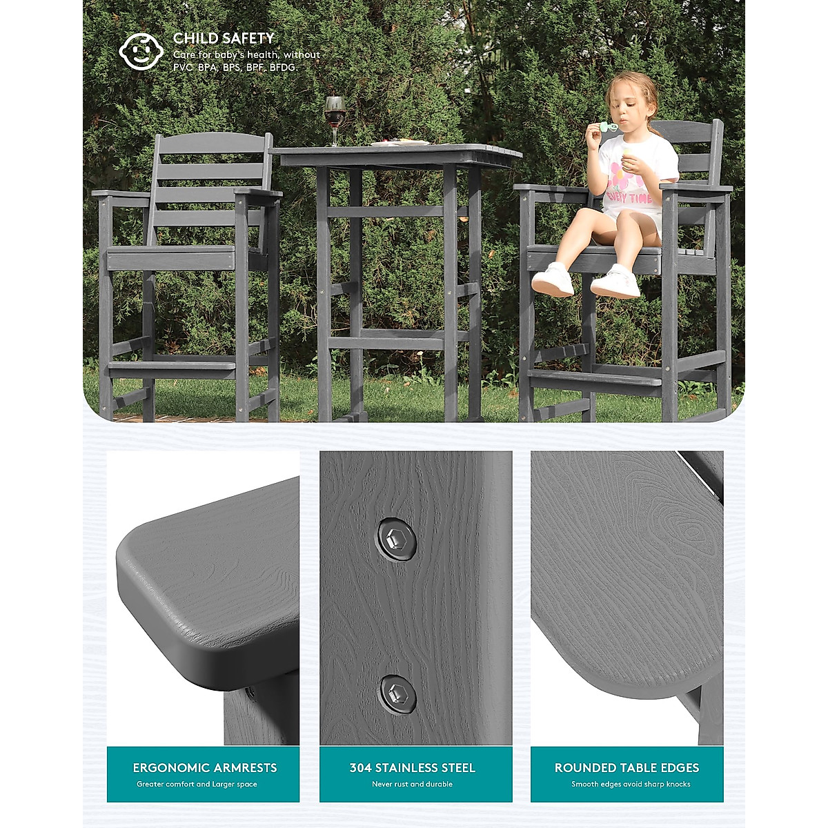 SERWALL Balcony Adirondack Chairs and Table 3 Pieces Set, Adirondack Bar Height Chairs Set of 2 and Bar Table, Outdoor Bar Stools Set, Gray