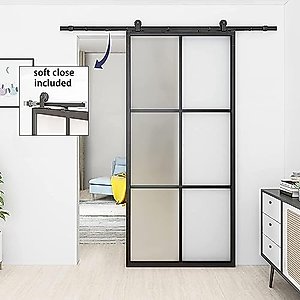BARNSMITH 42in x 84in Frosted Glass Barn Door with 7FT Top Mounted Hardware kit Soft Close Mechanism DIY 6 Lites Tempered Glass Modern Aluminum Sliding Door Disassembled Easy Installation KDA03