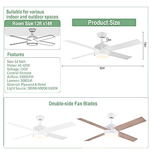 SNJ White Ceiling Fan with Light, 52" Ceiling Fans with Lights and Remote, Ceiling Fan for Indoor Bedroom, Dimmable, Quiet DC Motor, 4 Wooden Blades