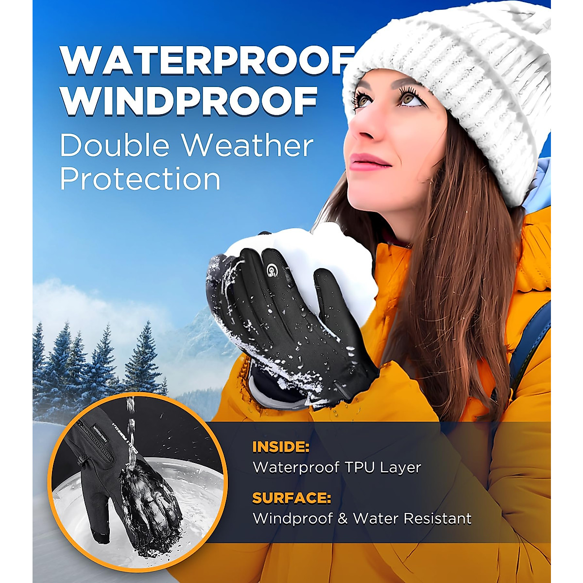 UMEWARM -10℉ Winter Gloves for Cold Weather Made with 3M Insulation, 5-Layer Fabric Snow Ski Gloves Women Men, Windproof & Waterproof Gloves for Men, 10 Touchscreen Fingers Thermal Gloves