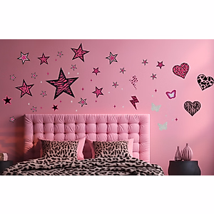 TwoDays 100PCS Y2K Room Decor Aesthetic Wall Decal, 2000s Mcbling Vinyl Peel and Stick Stickers for College Teen Girls Bedroom, Pink Stars Trashy Y2k Decorations for Women Apartment.