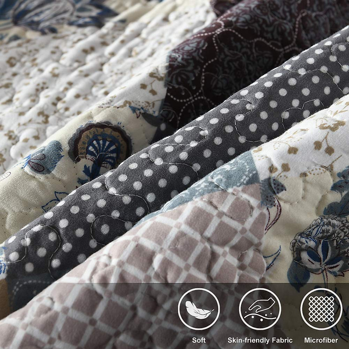 Travan 3-Piece Queen Quilt Set Quilted Bedspread Oversized Microfiber Lightweight Coverlet Set with Shams Reversible Printed Coverlet Bedding Set for All Season, Slate Blue, Queen Size