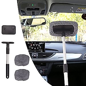Pincuttee Car Windshield Cleaner Tool,Microfiber Car Window Cleaning Tool with Extendable Handle and Washable Reusable Cloth Pad,Auto Inside Glass Wiper Kit(Gray,1PC)