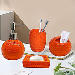 LISANEK Bathroom Accessories Set 4 Piece Ceramic Bathroom Accessories Decoration Set with Lotion Dispenser, Soap Dish,Cup,Toothbrush Holder (Orange)