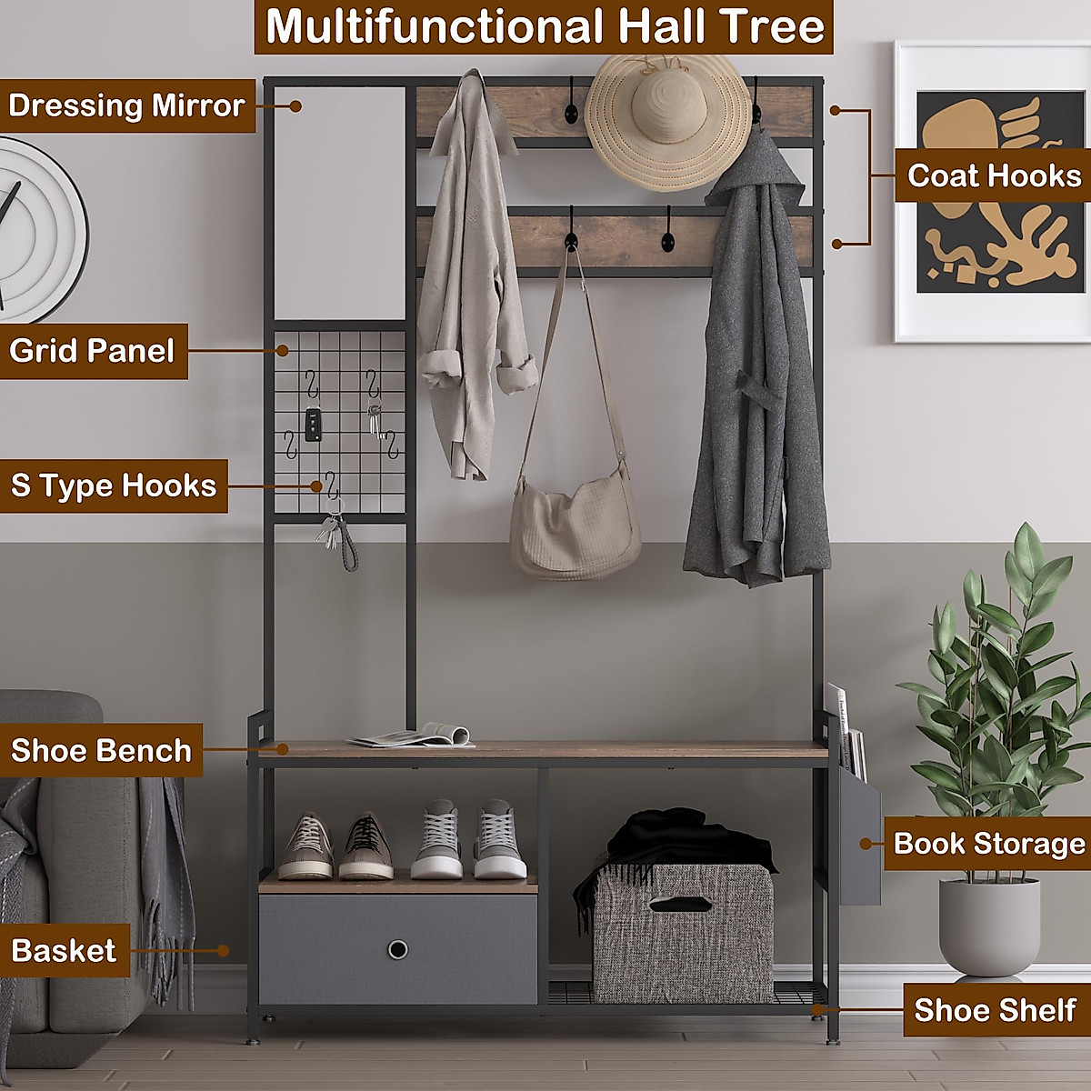 NAIYUFA Entryway Hall Tree with Drawer,Coat Rack with Mirror,Vintage Industrial Hall Tree with Shoe Bench,5-in-1 Storage Rack with 8 Hooks and Grid Panel