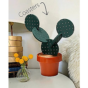 Coasters Cactus Set of 6 DIY Funny Coasters for Drinks with Flowerpot Holder,Novelty Coasters Cactus Gifts for Bar Home Decor (Green with Point) Coffee Table