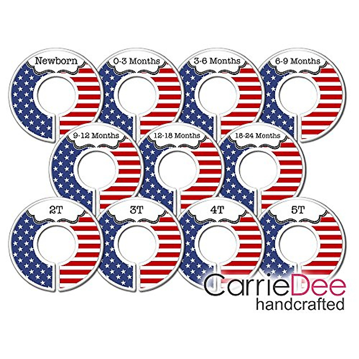 CarrieDee Handcrafted Nursery Closet Size Dividers, Baby Clothes Organizers, Patriotic Stars & Stripes, American Flag - Set of 11