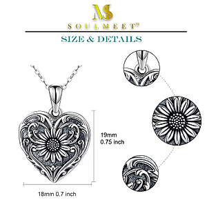 SOULMEET Personalized Sunflower Heart Locket Sterling Silver Necklace That Holds 2 Pictures Memory Photo Lockets Custom Any Photo (Custom photo & text)