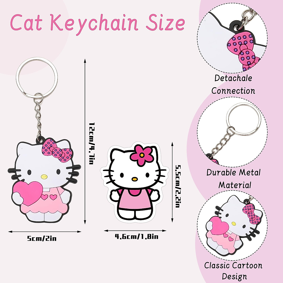 Uhael 74PCS Cute Cat Kitty Party Favors Keychains Stickers Anime Cartoon Lovely Cat Themed Birthday Party Supplies Bulk, Pink Bow Kitty Decorations for Girls Christmas Gift Classroom Rewards