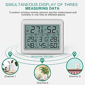 ORIA Indoor Outdoor Thermometer, Digital Hygrometer Thermometer, Wireless Temperature and Humidity Gauge Monitor with 3 Sensors, LCD Backlight for Home, Office, Bedroom, White
