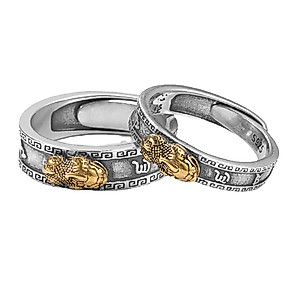 Vintage PiXiu Couple Matching Ring for Him And Her Statement Promise Engagement Wedding Ring Adjustable Open Band Sets Brave Troops MANI Mantra Protect Wealth Luck Jewelry Gift for Girlfriend