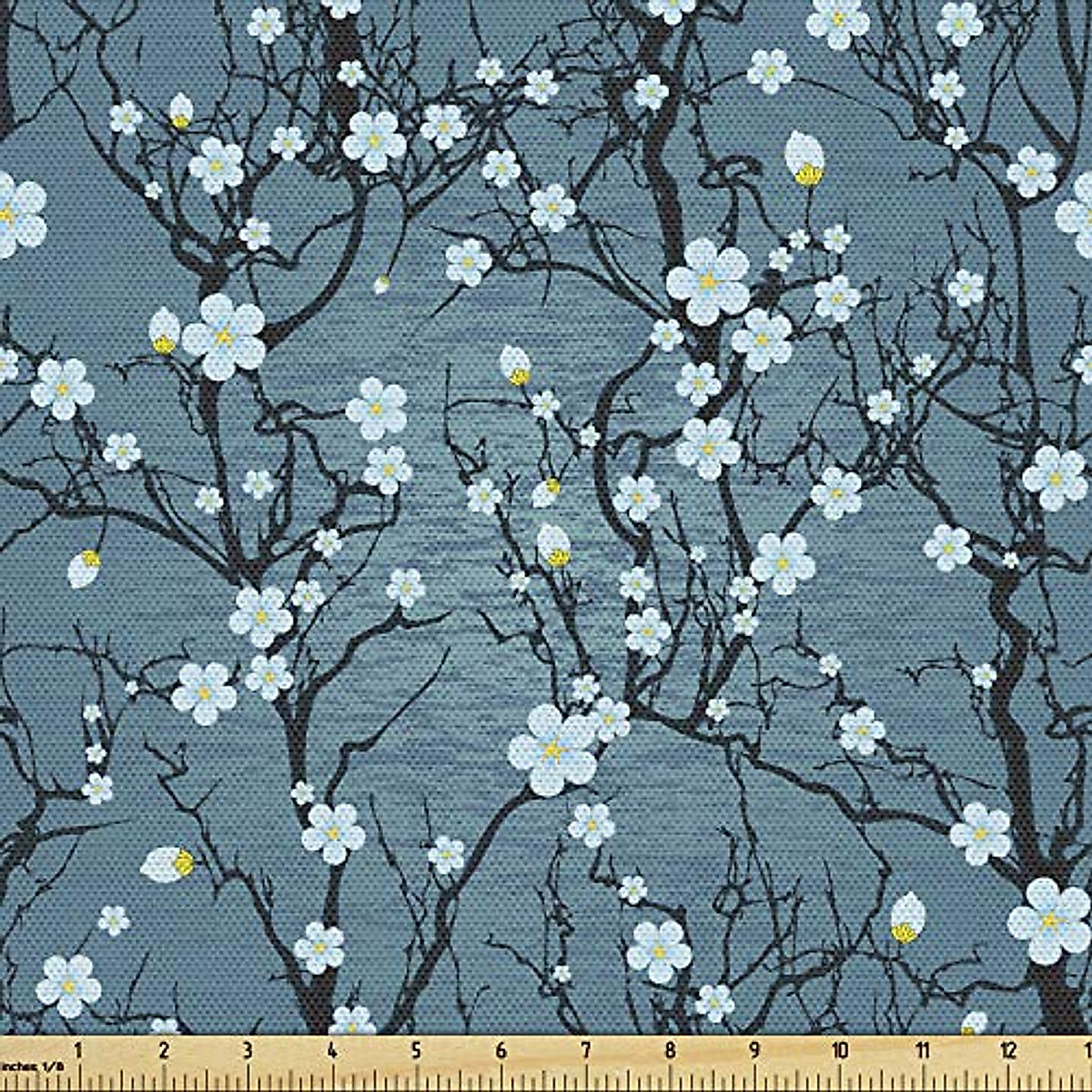 Lunarable Floral Fabric by The Yard, Sakura Tree Branches Pale Japanese Cherry Blossom Spring Form, Decorative Fabric for Upholstery and Home Accents, 1 Yard, Blue Black