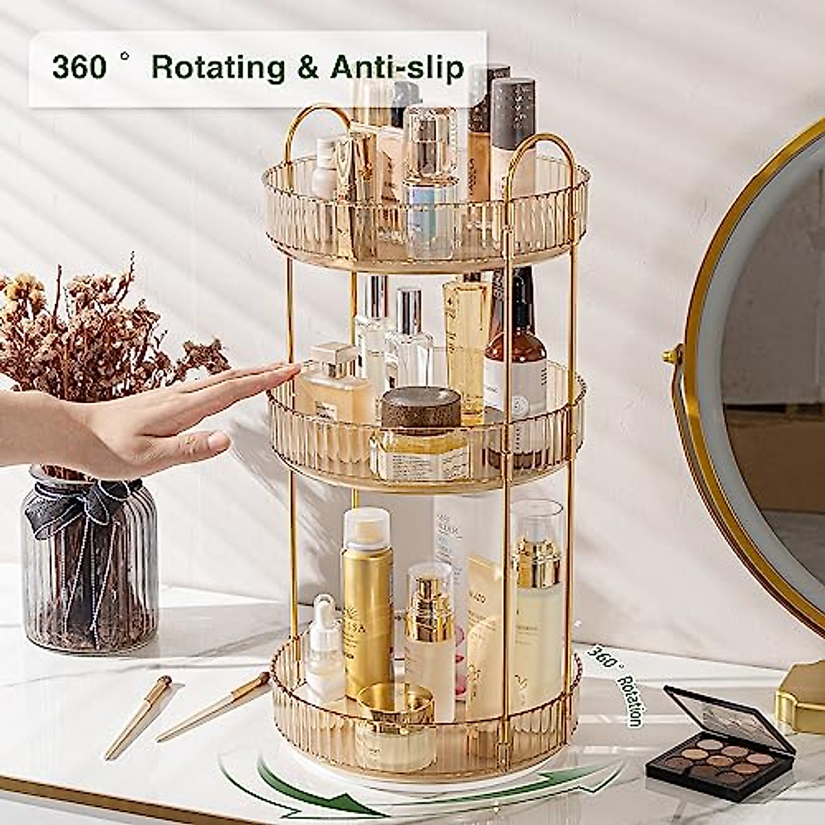 CICUFY Rotating Makeup Organizer Acrylic Perfume Organizer Clear Skincare Organizer Cosmetics Organizer for Vanity Countertop-3 Tier Gold