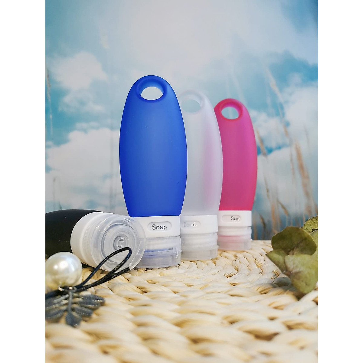 Fullplus Portable Silicone Squeezable Bottles Refillable Cosmetic Gym Containers Travel TSA Approved Tube Set with Shower Lanyard for Shampoo Lotion(3.3 oz,Pack of 4)