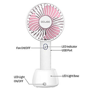 OCUBE Mini Handheld Fan,Small Personal Portable Hand Held Fan with 7 Color LED Light Base,Operated USB Rechargeable Desk Fan,3 Speeds Electric Lash Fan for Makeup (Pink)
