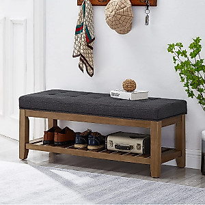 24KF Large Rectangular Upholstered Tufted Linen Fabric Ottoman Bench, Padded Bench with Solid Wood Shelf-Charcoal