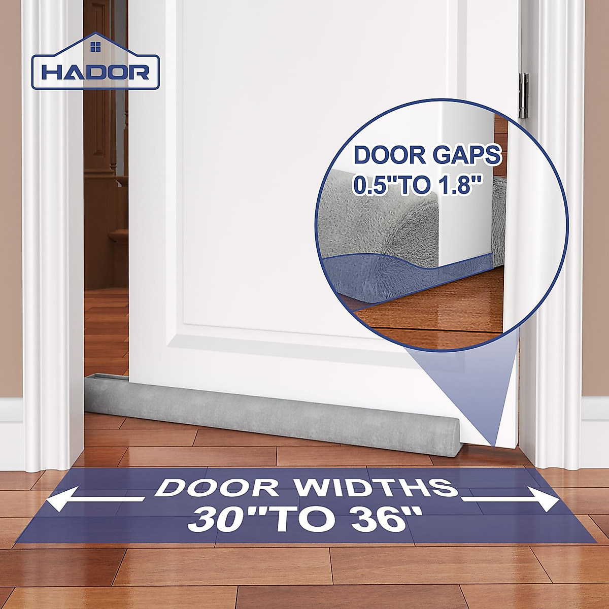 HADOR Door Draft Stopper for Bottom of Door, 36 Inch Under Draft Air Noise Light Blocker 30"- 36" Double Side Triangle Soundproof Sweep Filler Seal Gap up to 1.7" for Patio Sliding Door Guard, Grey