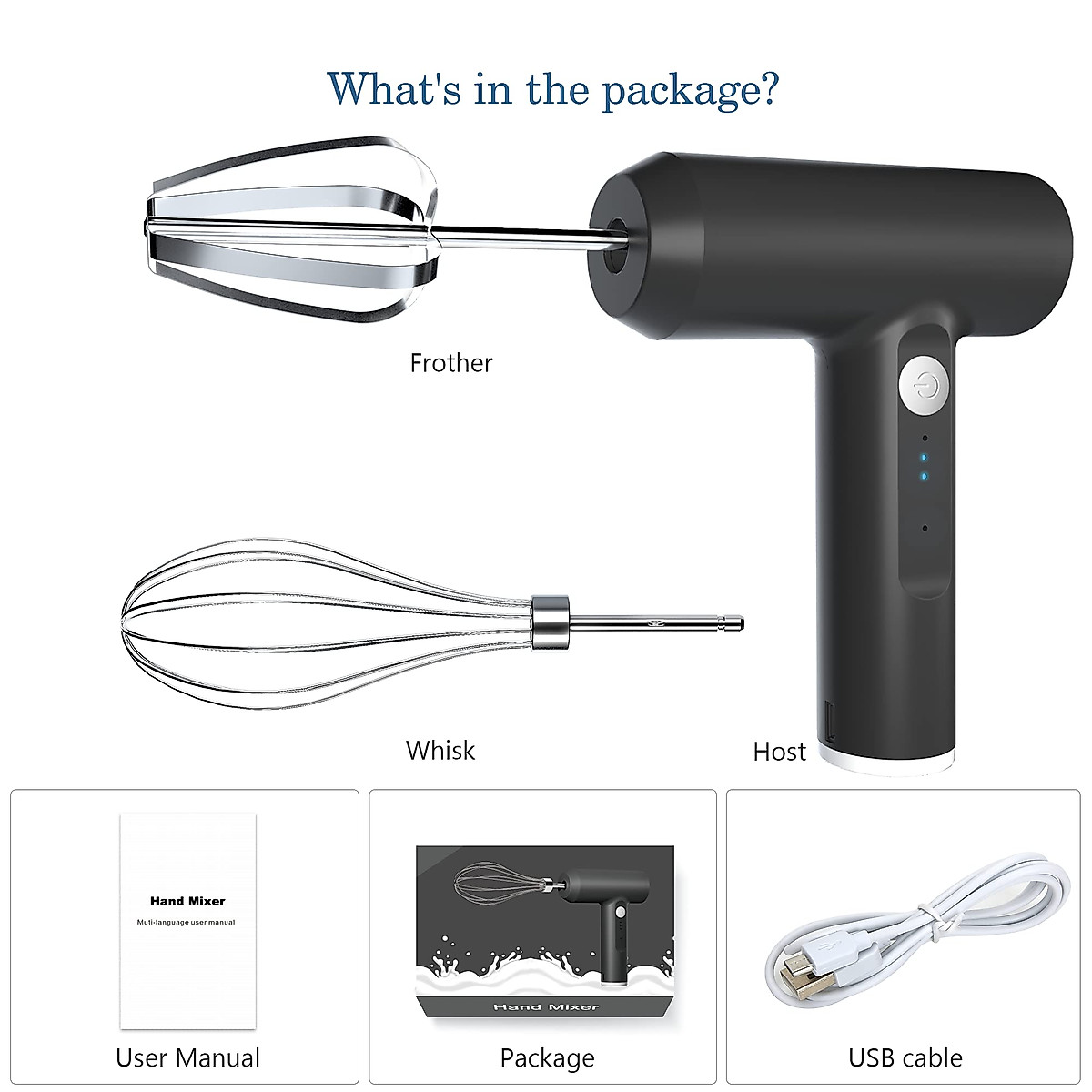 LHBD Cordless Hand Mixer- Electric Whisk USB Rechargeable Handheld Electric Mixing with 3 Speed Self-Control,304 Stainless Steel Egg Beaters & Balloon Whisk for Gifts,Tarts,Pancakes (black)