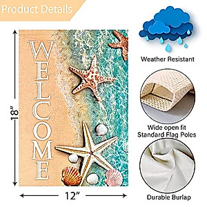 Louise Maelys Welcome Spring Summer Beach Garden Flag for Outside 12x18 Double Sided Vertical, Burlap Small Summer Starfish and Seashell Lake Garden Yard House Flags Seasonal Summer Outdoor Decoration (ONLY FLAG)