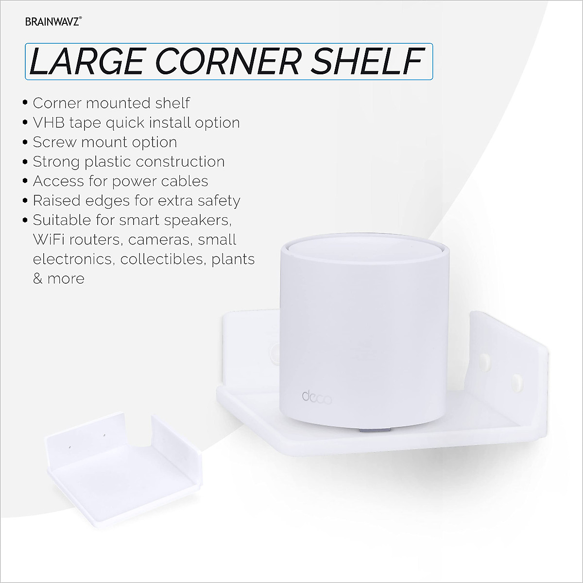 6.5" Corner Shelf Mount for Speakers, Cameras, Baby Monitors, Plants, Books Electronics, Collectibles & More, Adhesive & Screw in Floating Shelves (White) by Brainwavz