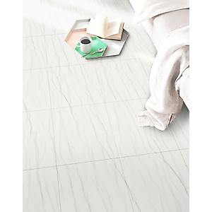 Peel and Stick Floor Tile Vinyl Flooring Peel and Stick Flooring White Marble Self Adhesive Floor Tile for Bathroom and Bedroom Marble Look 12x12 Inch (12 PCS)