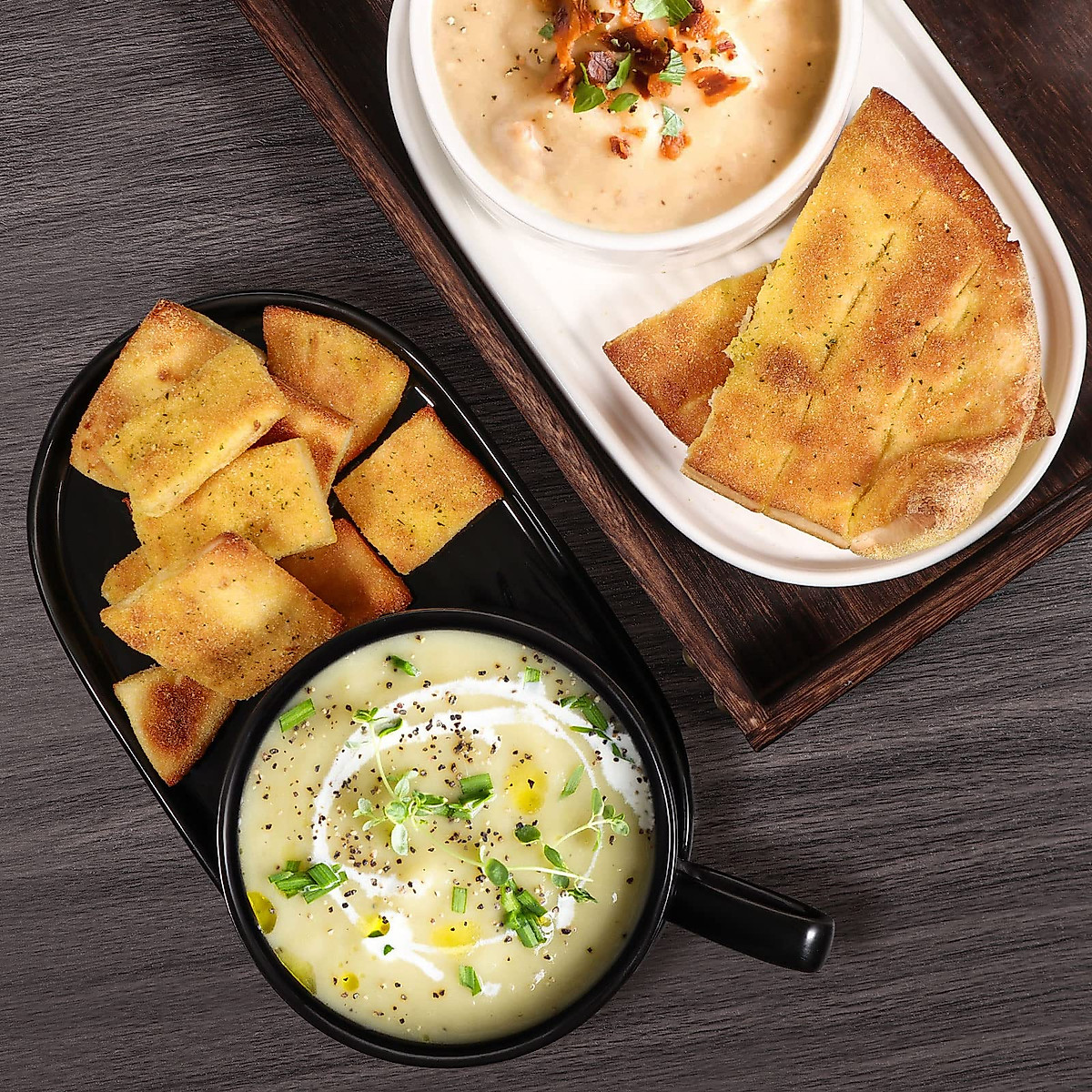 Wareland Soup Bowl with Handle & Salad Plate, Soup and Sandwich Plate Combo, 18oz Soup Mug/Cup for Cereal, Ceramic Pasta Plate for Appetizer, Dessert, Rice, Dishwasher & Microwave Safe, Bright Black