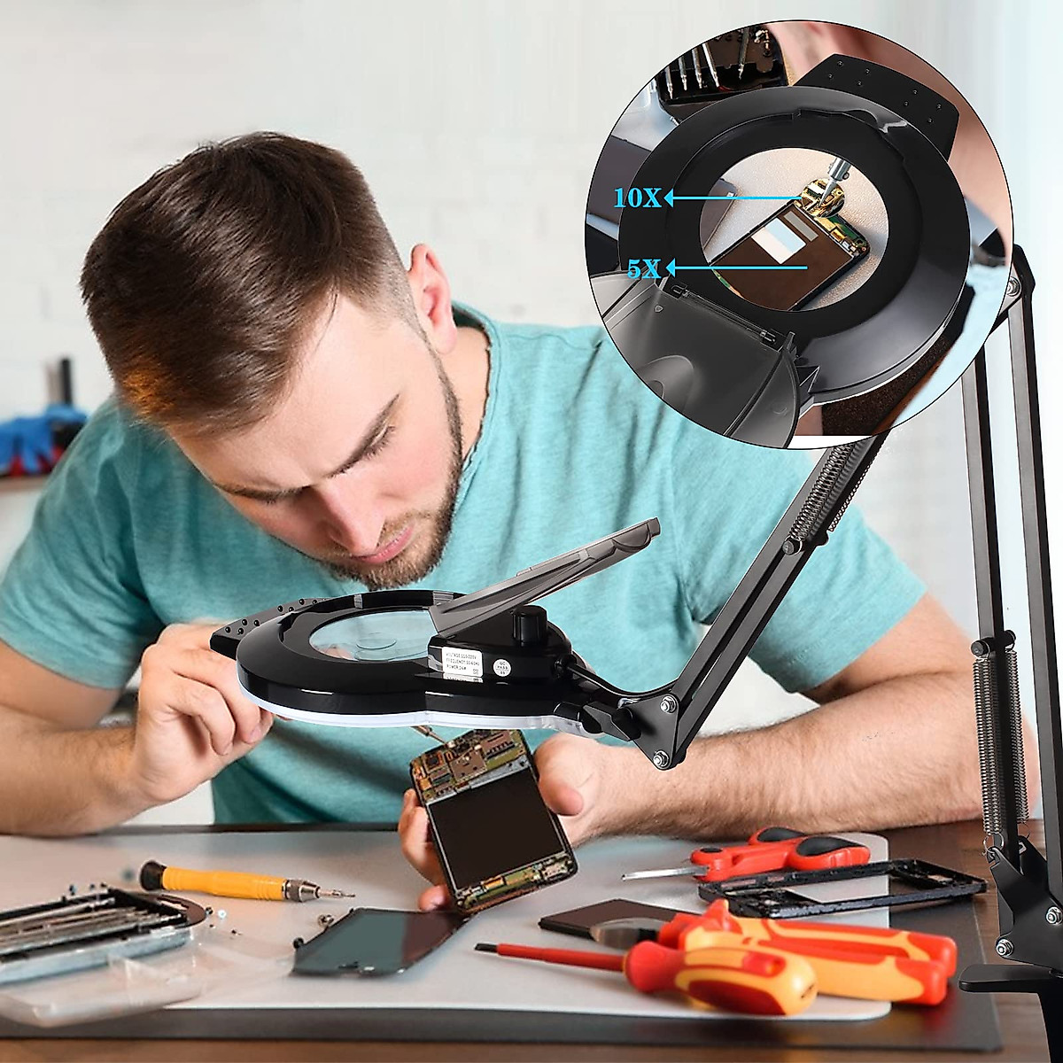 5X & 10X Magnifying Glass with Light, KIRKAS 2,200 Lumens Dimmable 10X Mother-Child Real Glass Lens LED Magnifying Lamp with Clamp, Lighted Magnifier Light for Close Work, Reading, Repair, Hobby-Black