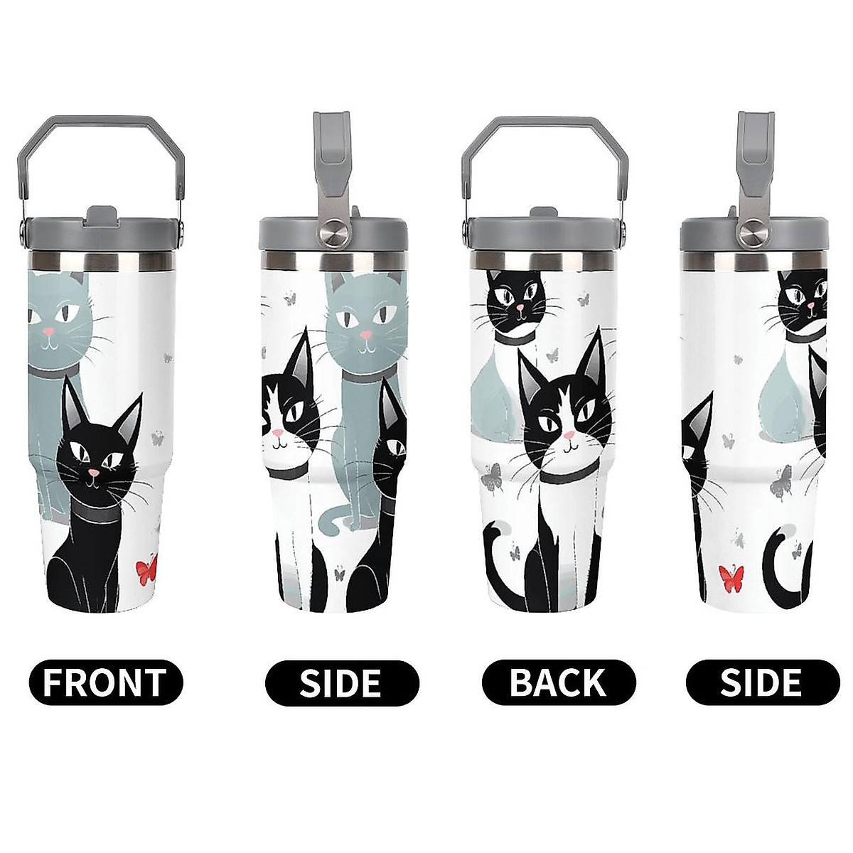 30oz Stainless Steel Insulated Tumbler with Flip Lid & Straw, Leakproof Travel Mug for Car, Black And White Cats Double Wall Vacuum Thermal Coffee Cup with Handle, Spill-Proof Design for Hot/Cold Drin