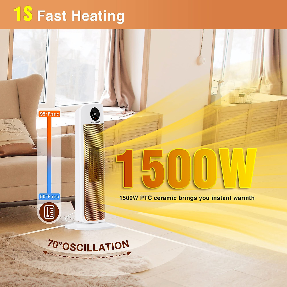 HAUSHOF 1500W Tower Space Heater, 1-24h Timer Digital Ceramic Heater with Touch& Remote Control, Overheat Protection, Safe for Home Office