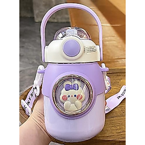 Large Capacity Cartoon Prints Water Bottle with Straw Lid Women Tumblers with Shoulder Strap Stainless Steel Thermal Cup (A Purple 23.6oz)