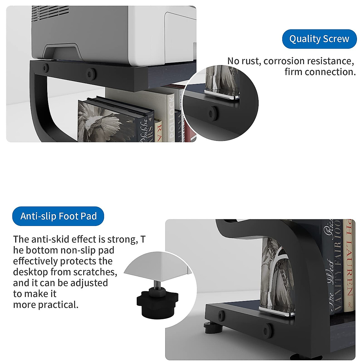 PUNCIA 2 Tiers Wood Black Home Office Desktop Printer Stand Laser Printer Copier Stand with Storage Tabletop Heavy Duty Rack Desk Organizer Shelf Dual for Small Space Double Tiers Tray