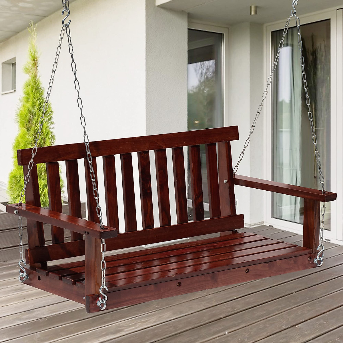 48 inch Wooden Porch Swings Heavy Duty Outdoor Bench Swing for Adults Durable Solid Wood Two Person Seating Patio Hanging Swing with Adjustable Hanging Chains & Fixing Screw, 800 LBS Weight Capacity