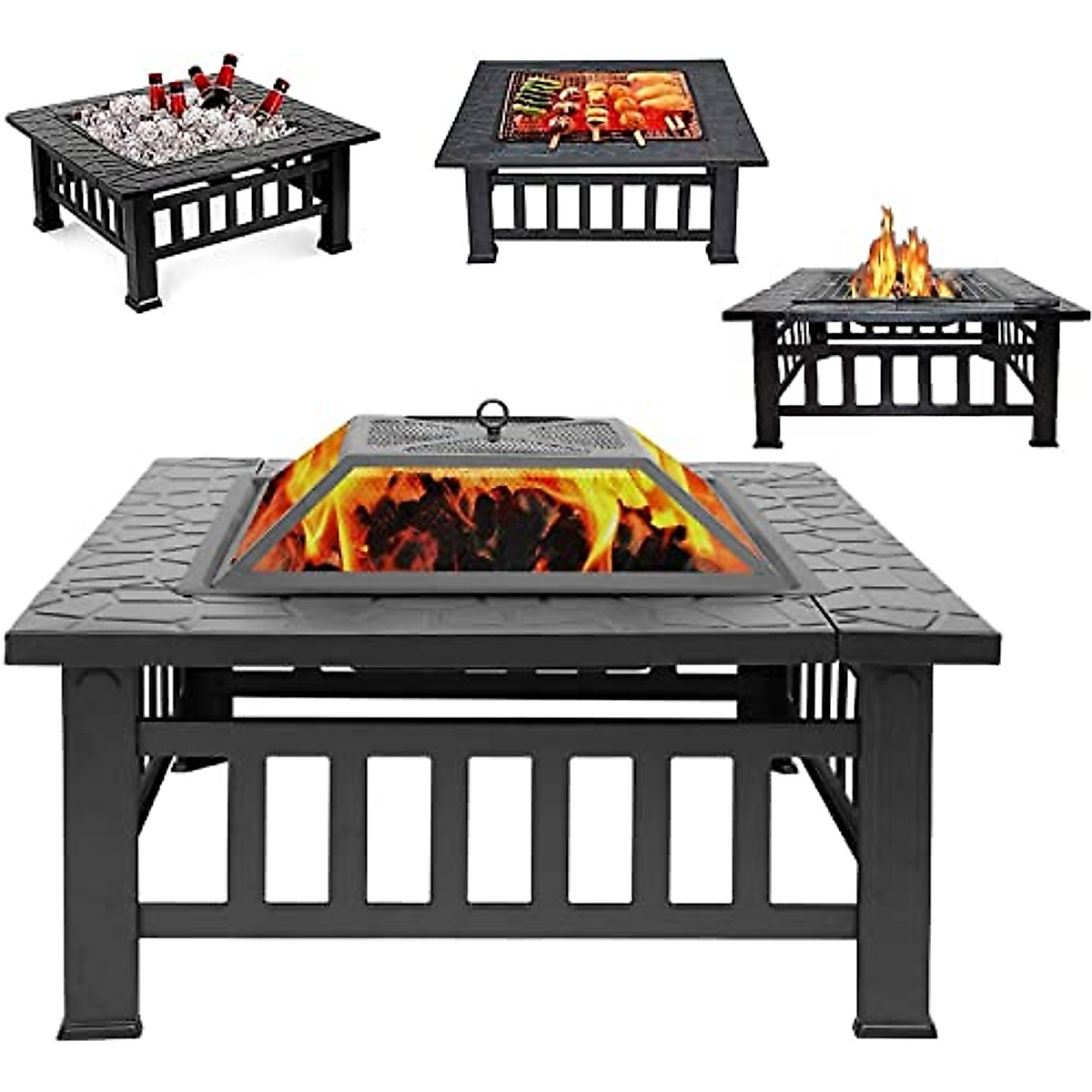 LEAYAN Garden Fire Pit Grill Bowl Grill Barbecue Rack 32 Inch Wood Burning Outdoor Fire Pit, Rectangle Metal Brazier Fireplace, Table Top Firepit Bowl with Spark Screen Poker, for Camping Bonfire