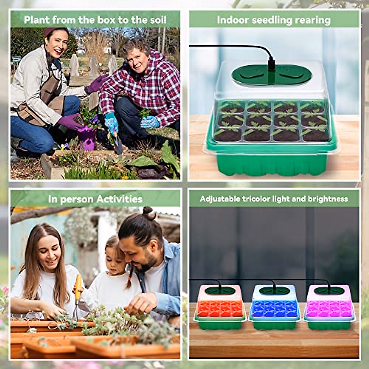 60 cell Reusable Seed Starter Tray with Grow Light, 5 Pack Seed Starter Kit with Adjustable Red, Purple, and Blue Light Brightness, Humidity,Timing for Indoor all plants fruit and vegetable seedlings