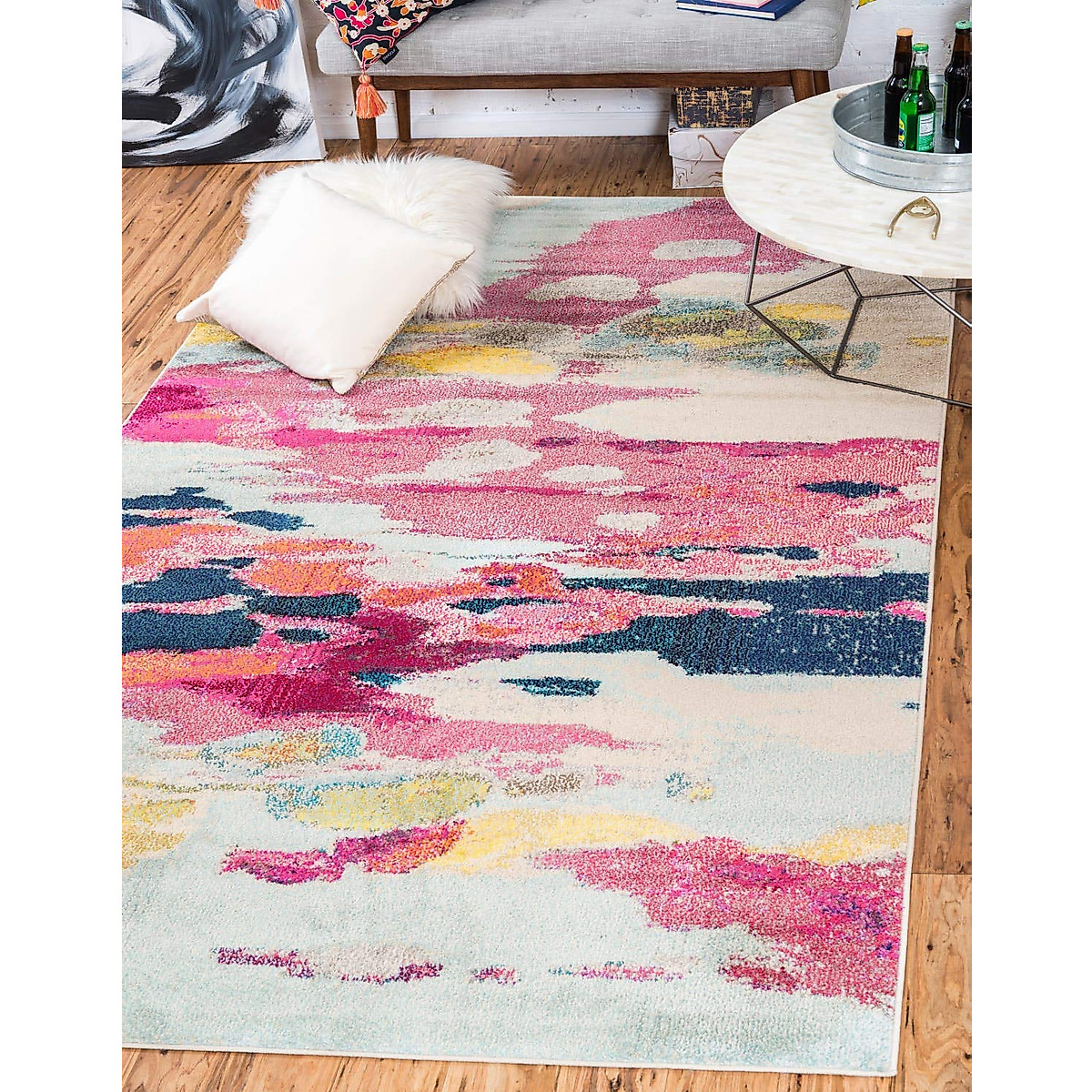 Unique Loom Estrella Collection Light Colors, Abstract, Modern, Vibrant Area Rug, 7 ft x 10 ft, Pink/Ivory