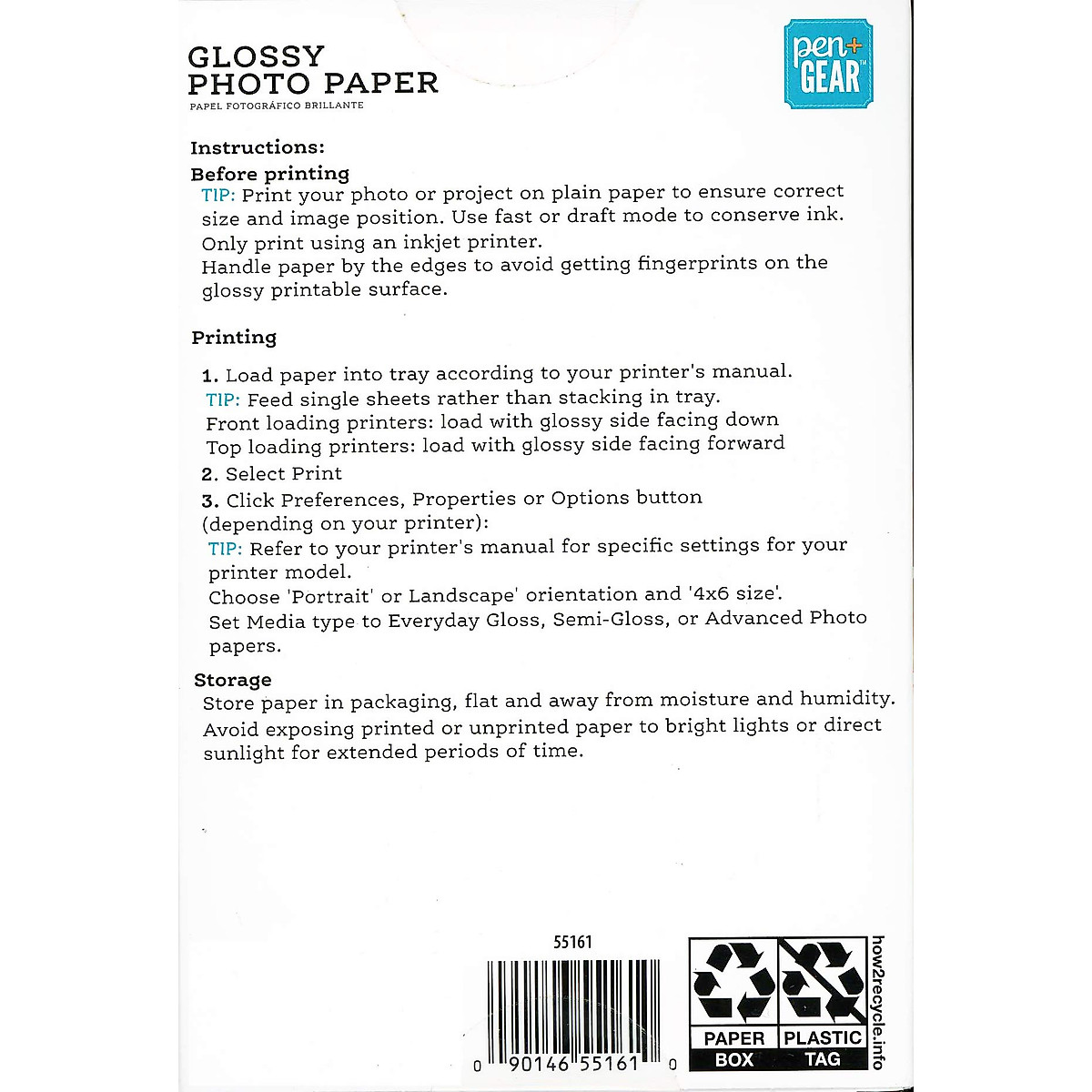 Pen+Gear GLOSSY PHOTO PAPER 4 x 6 50 SHEETS 8.5mil for INKJET PRINTERS 10x15