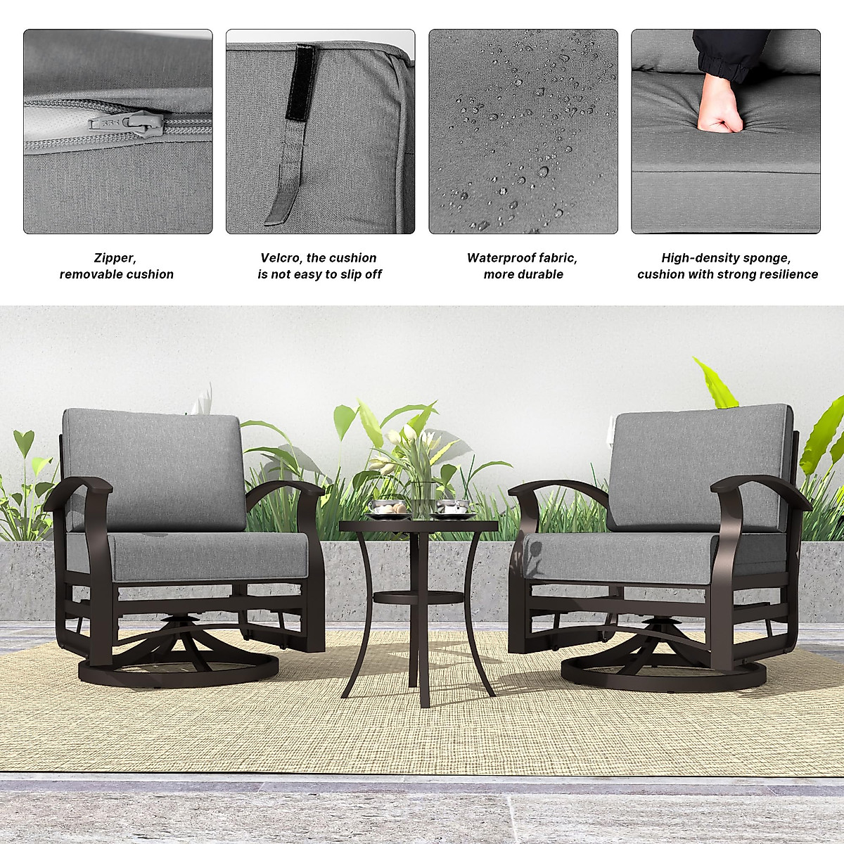 Kurapika 3 Pieces Patio Furniture Set, Outdoor Aluminum Swivel Gliders Rocker, Patio Bistro Set Rocking Chair with Thickened Cushions and Tempered Glass Side Table for Porch Garden Deck (Grey)